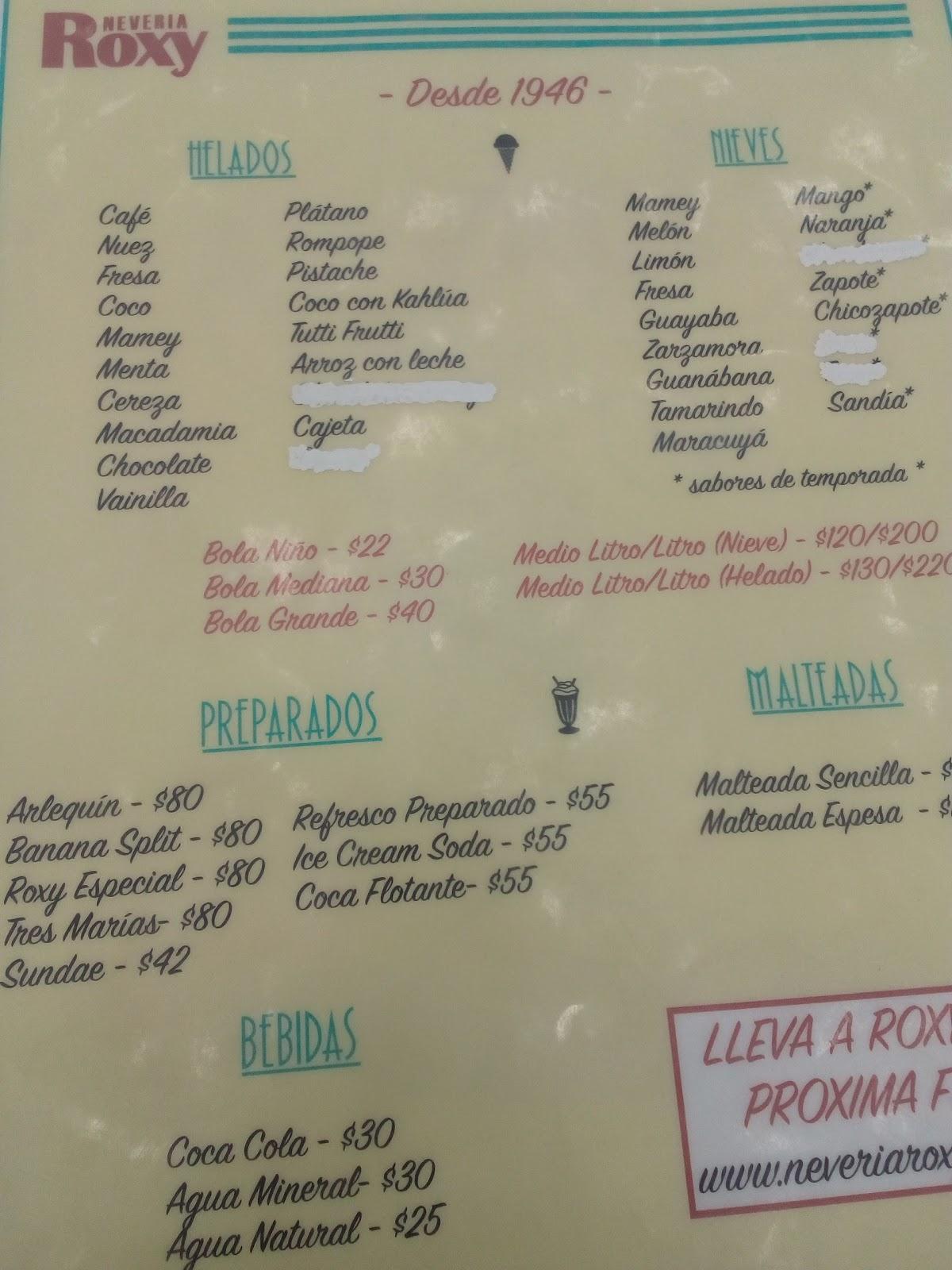 Menu at Nevería Roxy, Mexico City, Av. México Coyoacán 389