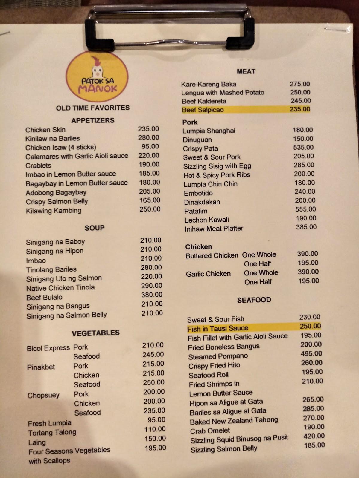 Menu at Patok sa Manok restaurant, Davao City, 3H5Q+7FM