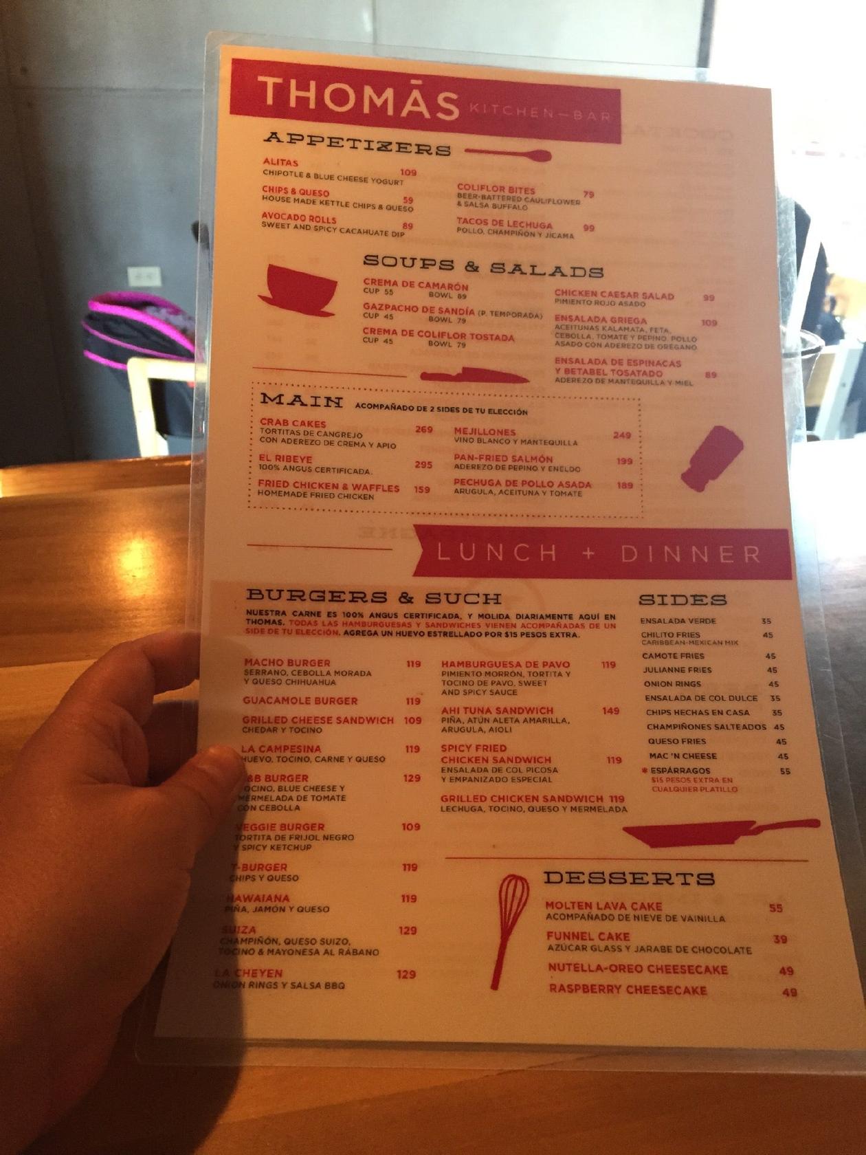Carta de Thomās Kitchen-Bar, Ciudad Juarez