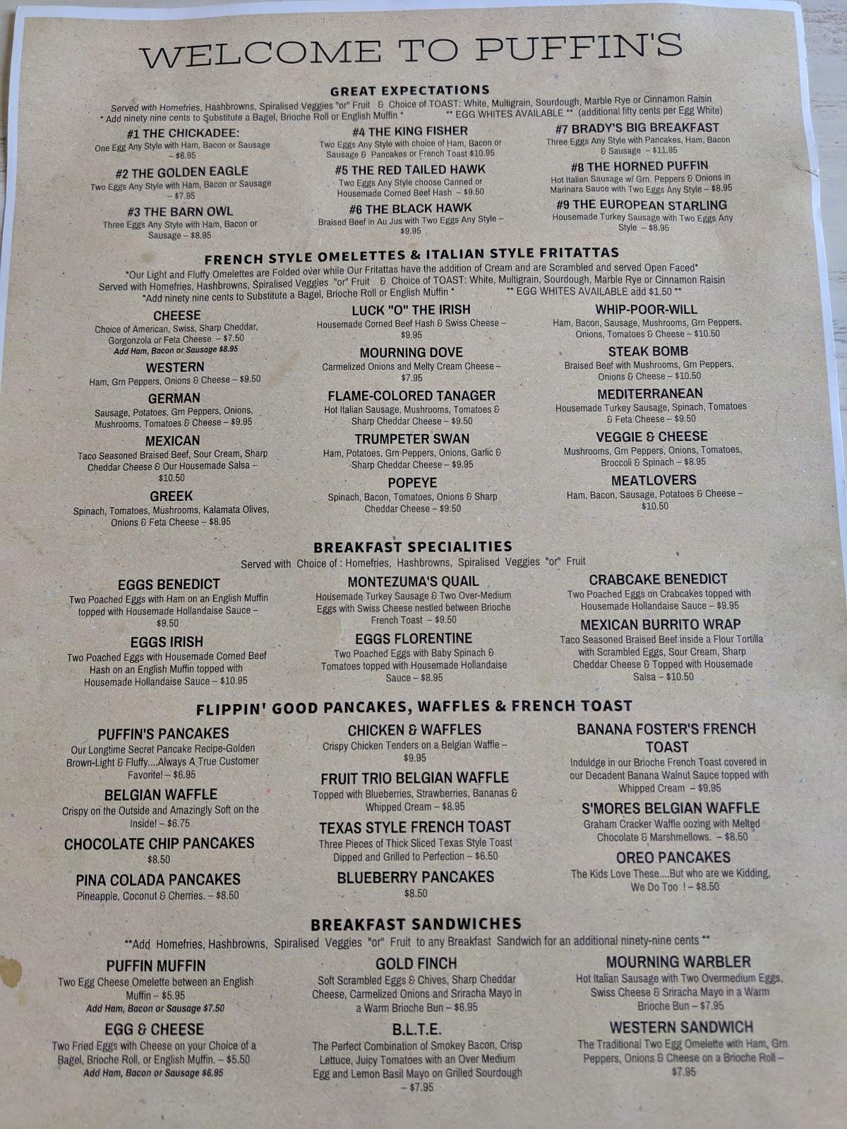 Menu at Puffins restaurant, Millbury