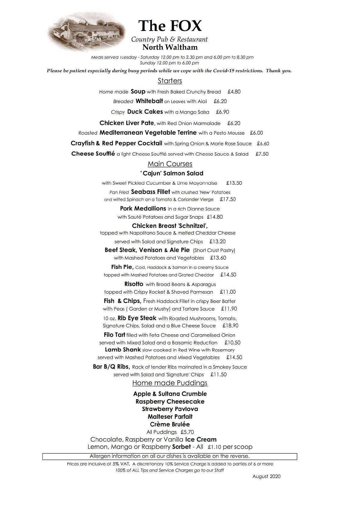 Menu at The Fox pub & bar, North Waltham, Popham Ln.