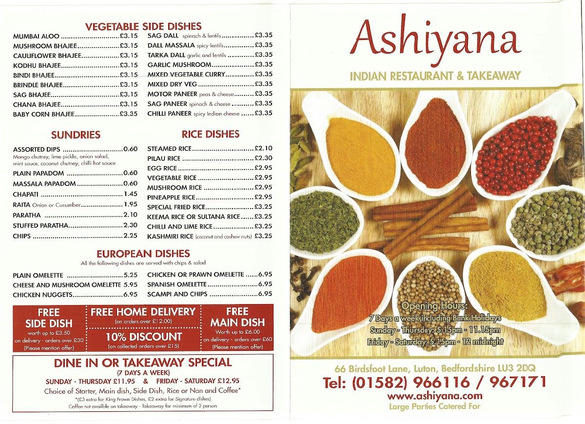 Menu at Ashiyana restaurant, Luton
