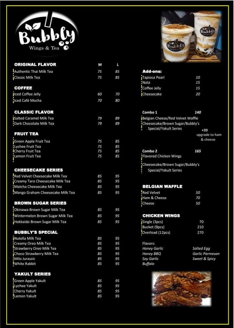 Menu at Bubbly Wings & Tea cafe, Calamba