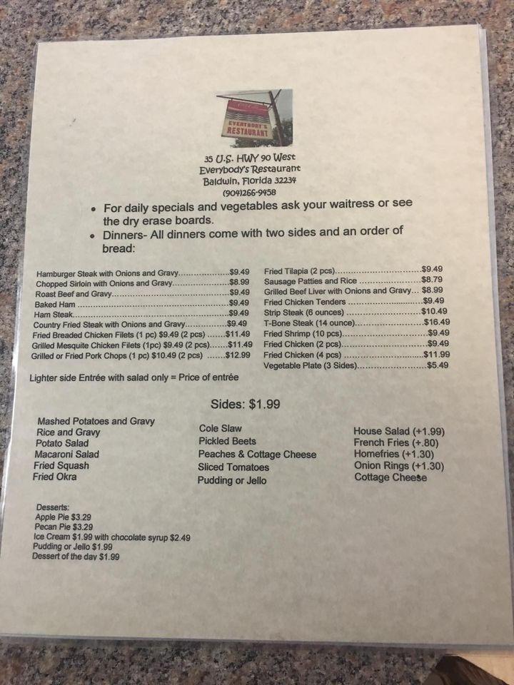 Menu at Everybody's Restaurant, Baldwin