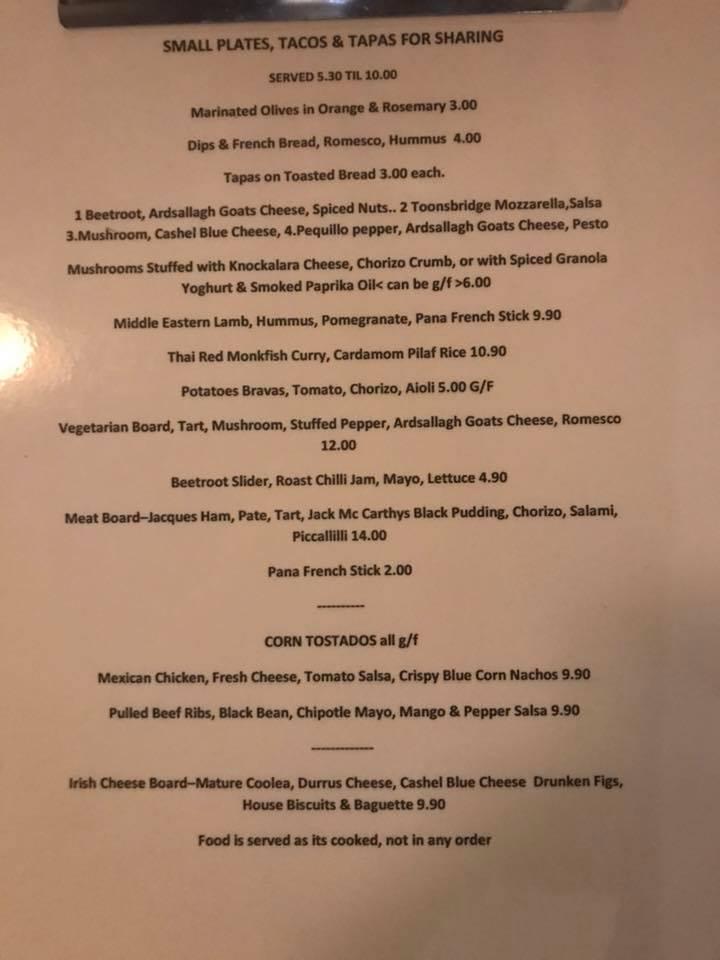 Menu at Jacques Restaurant, Cork