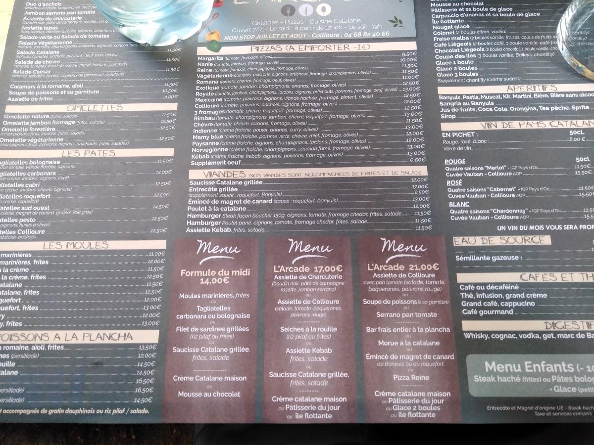 Menu at L'Arcade pizzeria, Collioure