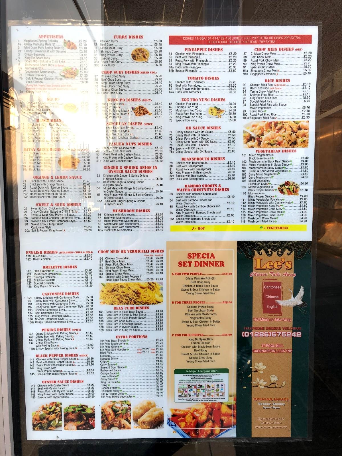 Menu at Lee's fast food, Caernarfon