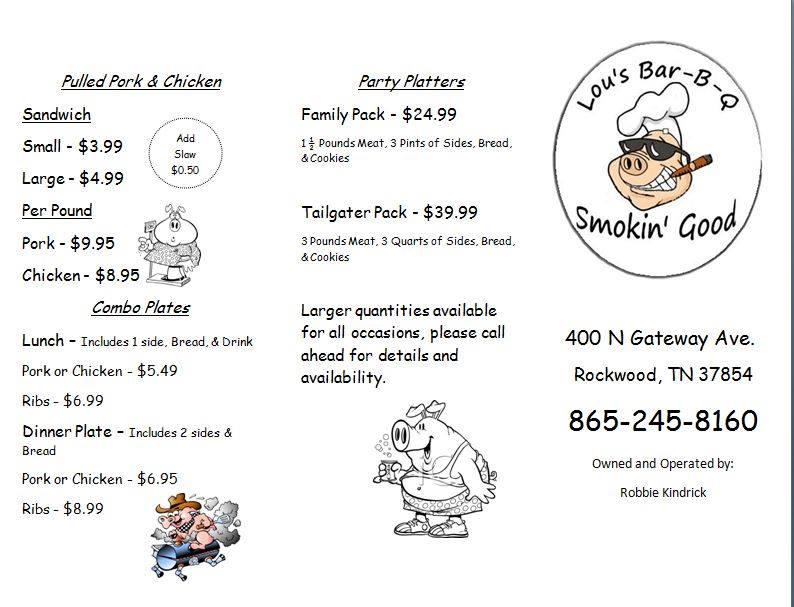 Menu at Lou's Bar B Q, Rockwood