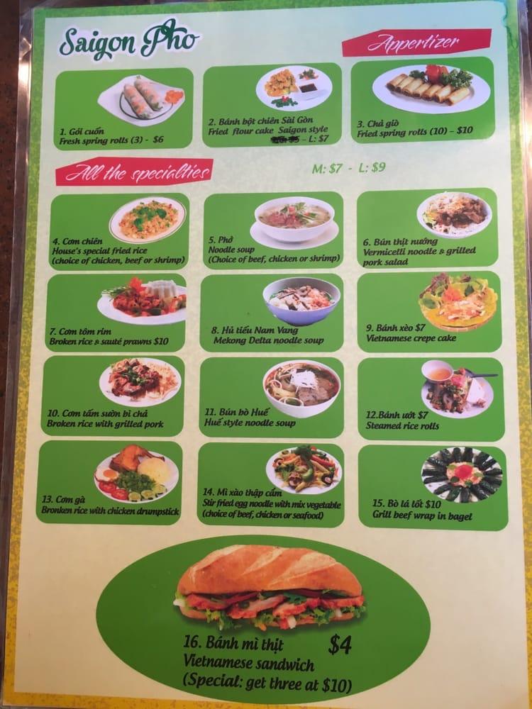 Menu at Saigon Pho restaurant, Rochester