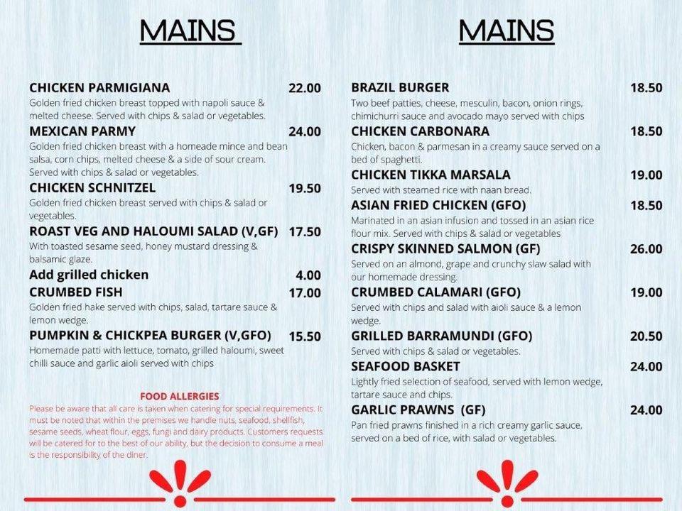 Menu at Stanthorpe RSL Services Club, Stanthorpe