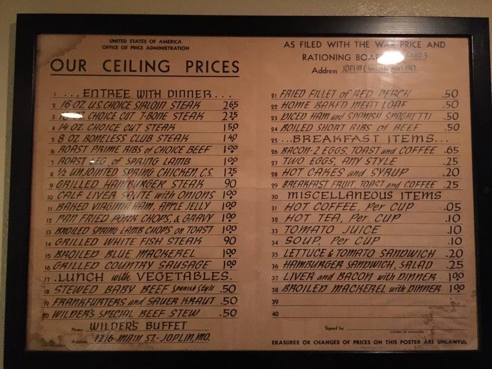 Menu at Wilder's Steakhouse, Joplin