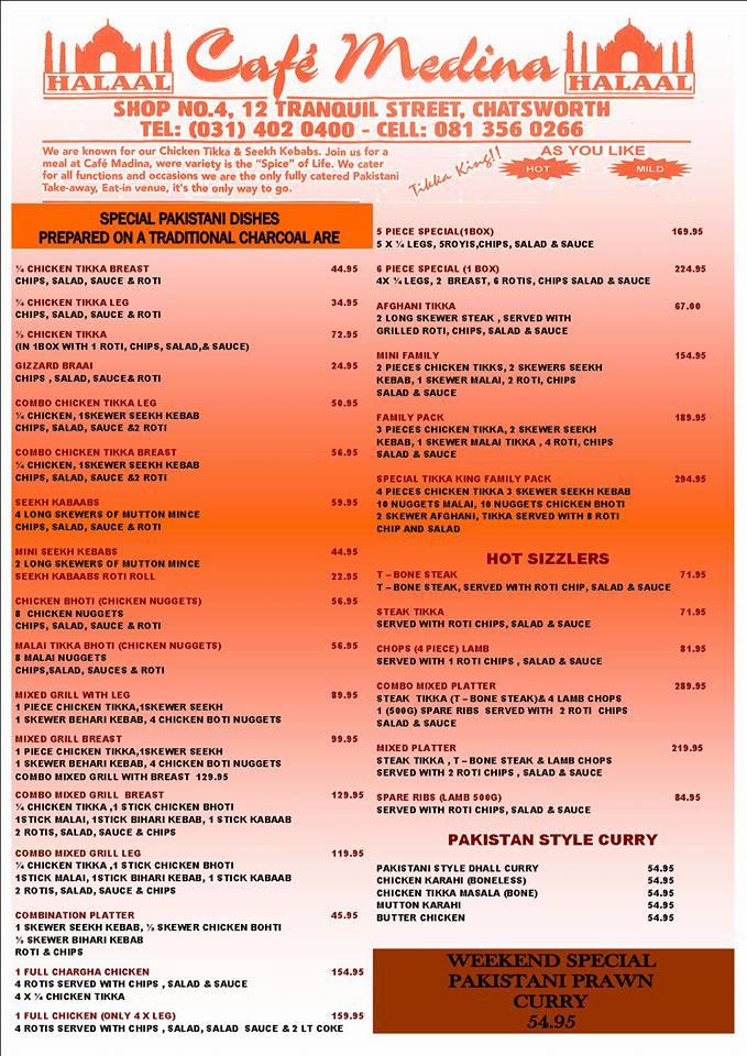 Menu at Cafe Medina, Durban, Shop No. 4