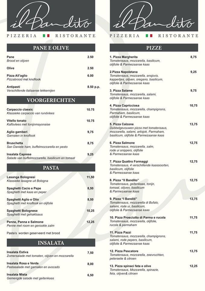Menu at Il Bandito, Breda