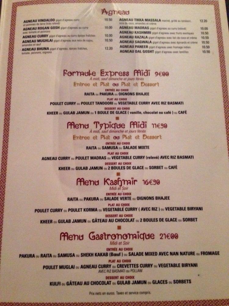 Menu at KASHMIR restaurant, Fontainebleau