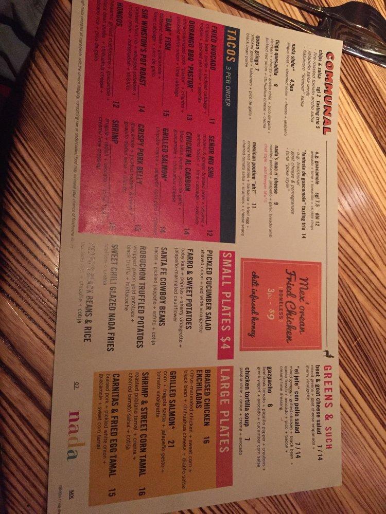 Menu at Nada pub & bar, Indianapolis