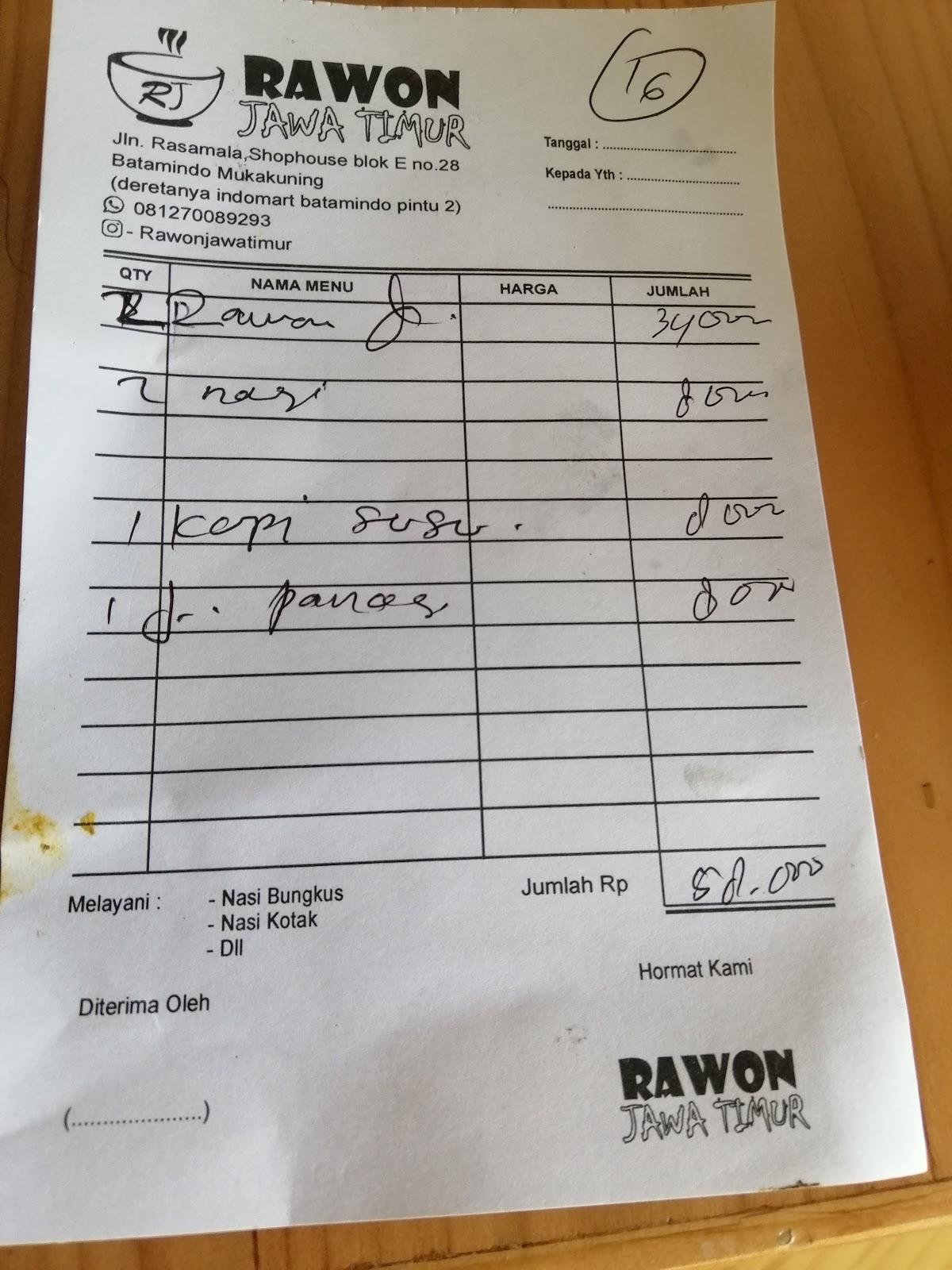 Menu at Rawon Jawa Timur restaurant, Batam