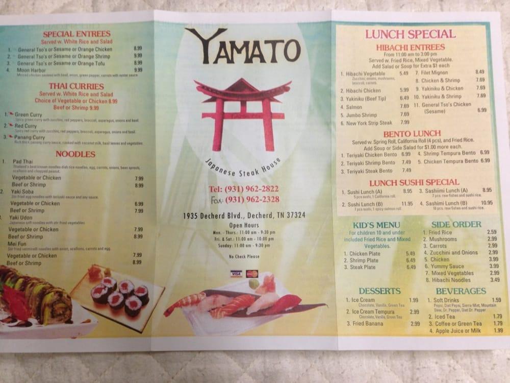 Menu at Yamato restaurant, Decherd