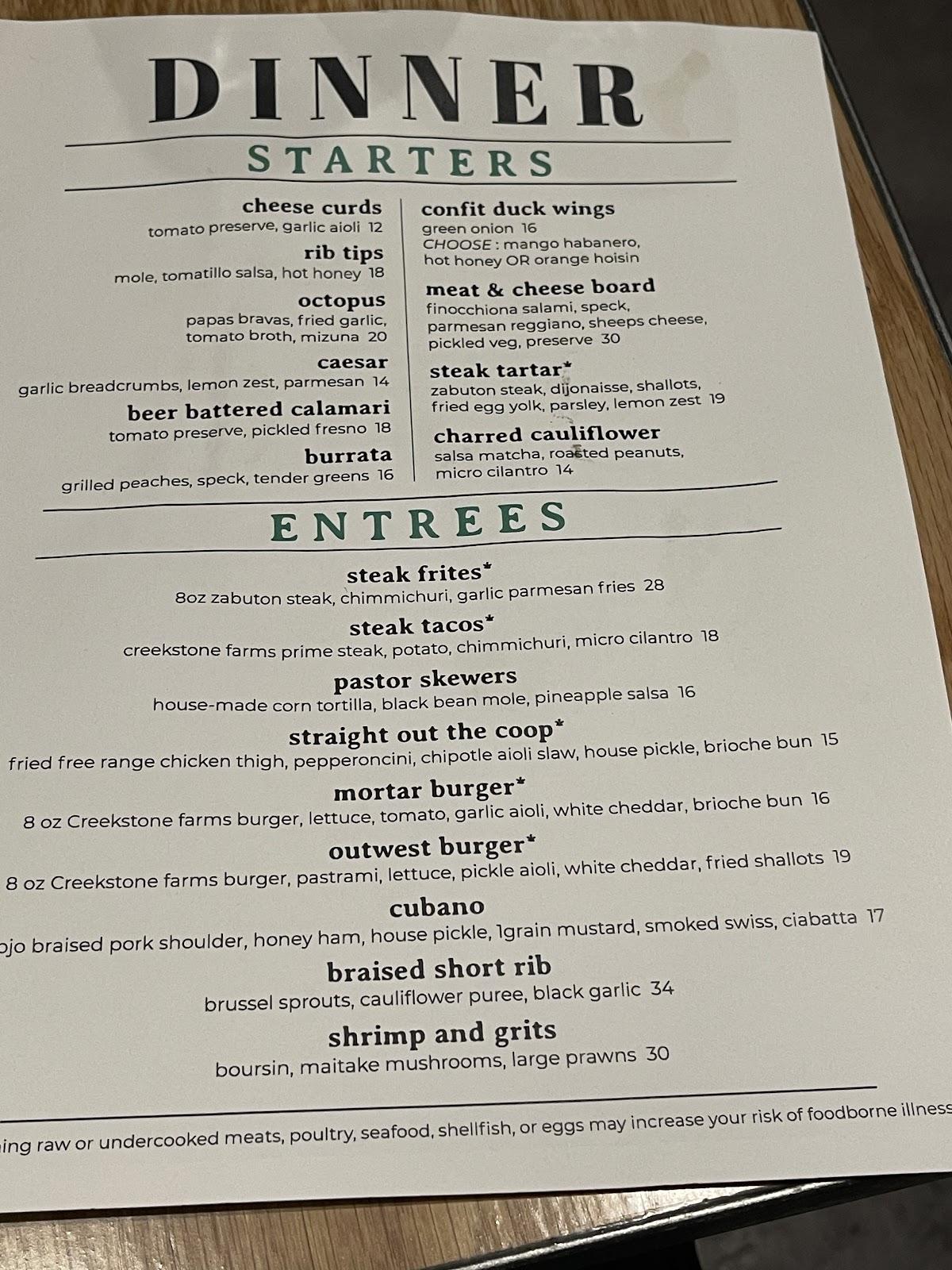 Menu at Brick & Mortar pub & bar, Salt Lake City