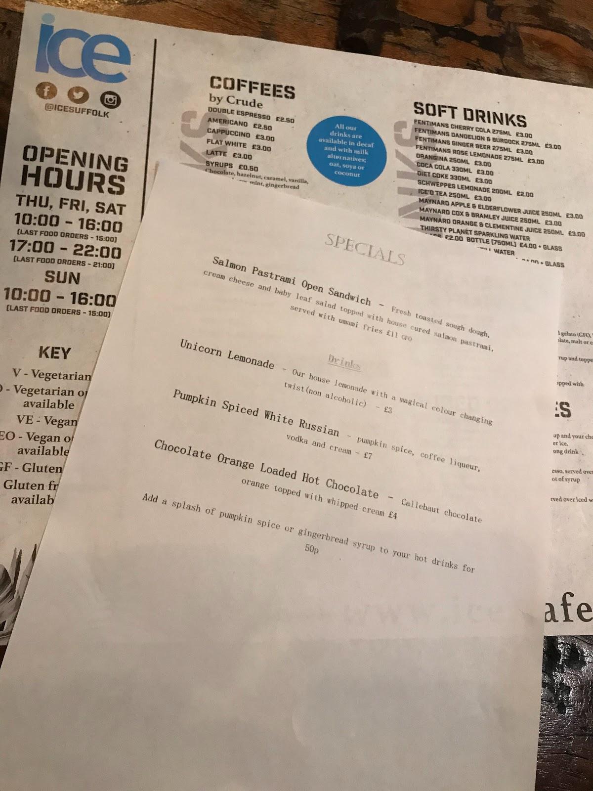 Menu at ICE Restaurant, Bury Saint Edmunds