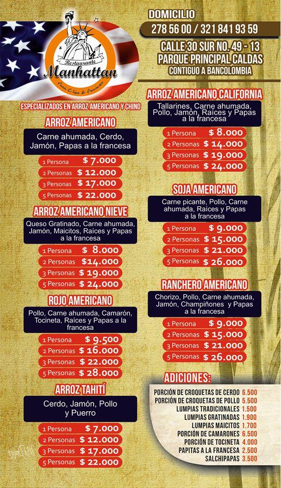 Menu at Manhattan restaurant, Caldas, Parque de Caldas