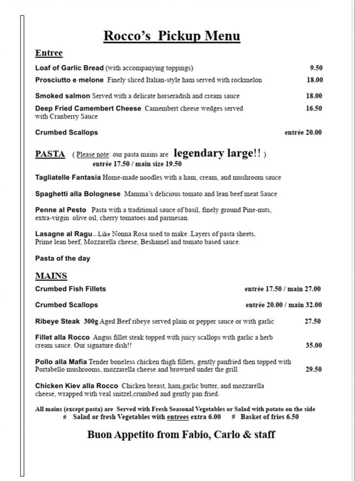 Menu at Rocco's Restaurant, Blenheim
