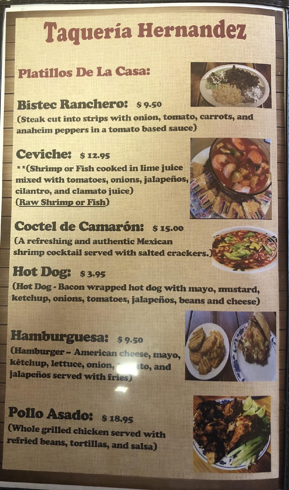 Menu at Taqueria Hernandez restaurant, Holyoke