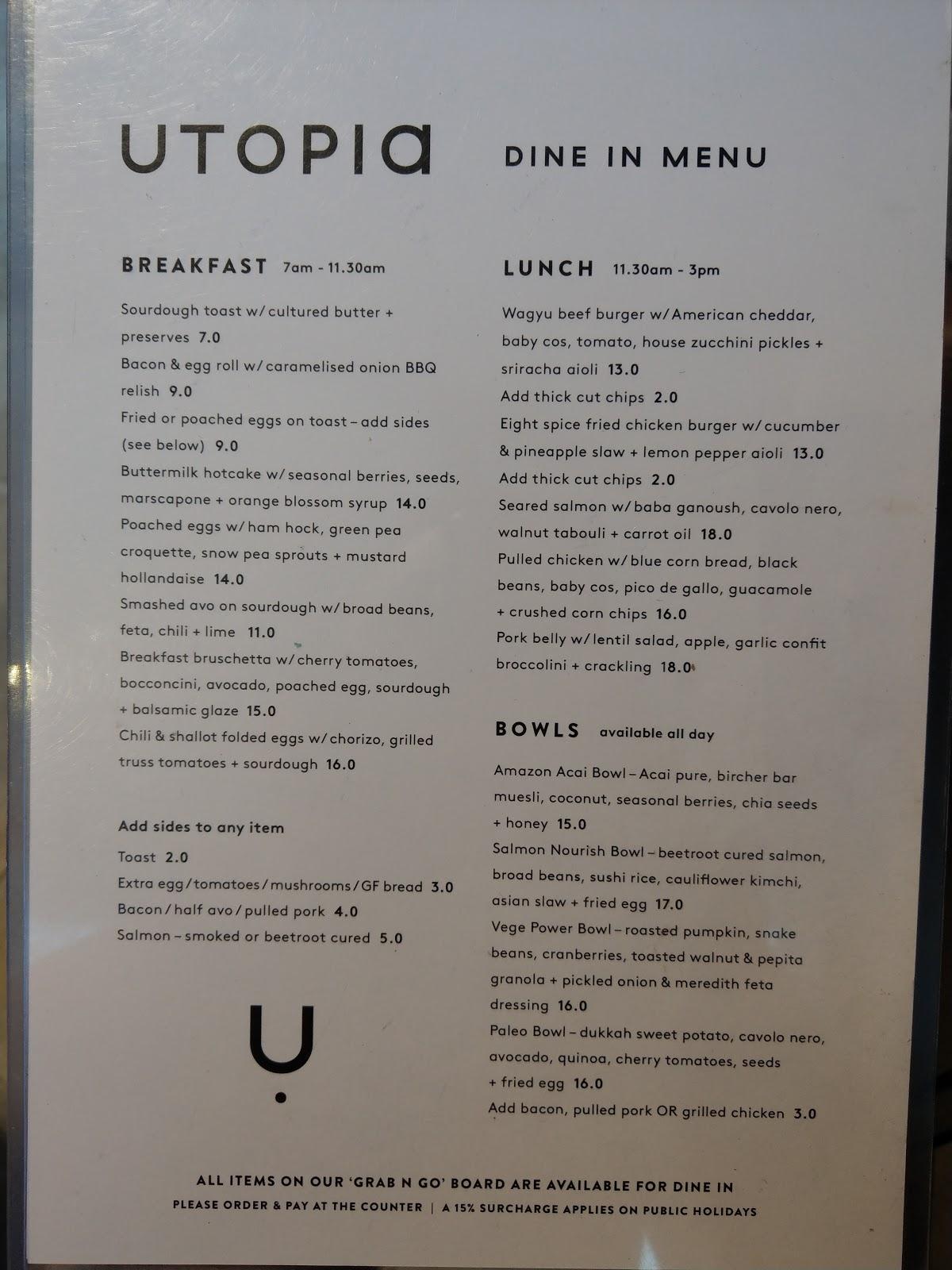 Menu at Utopia Cafe Bar, Wollongong