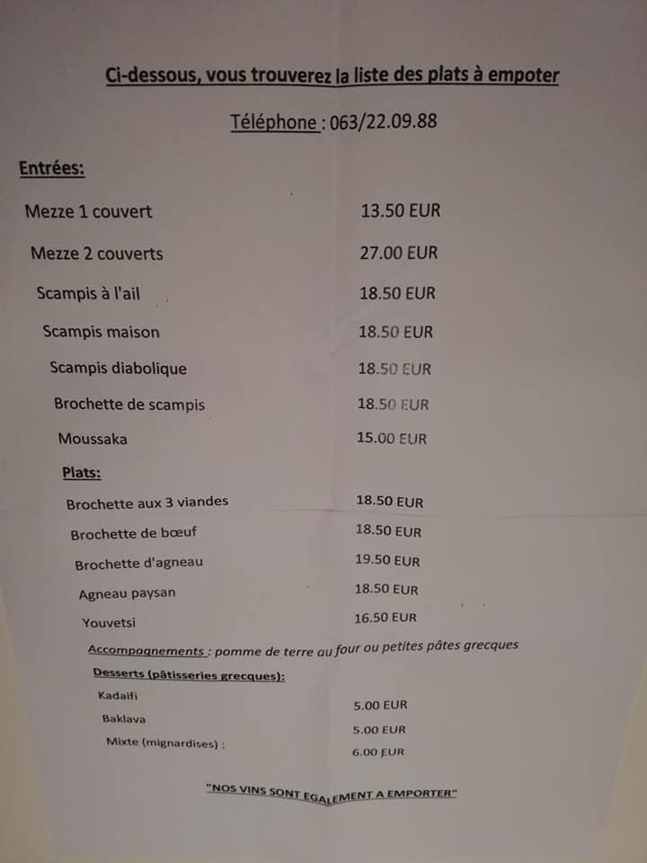 Menu au Zorbas, Arlon