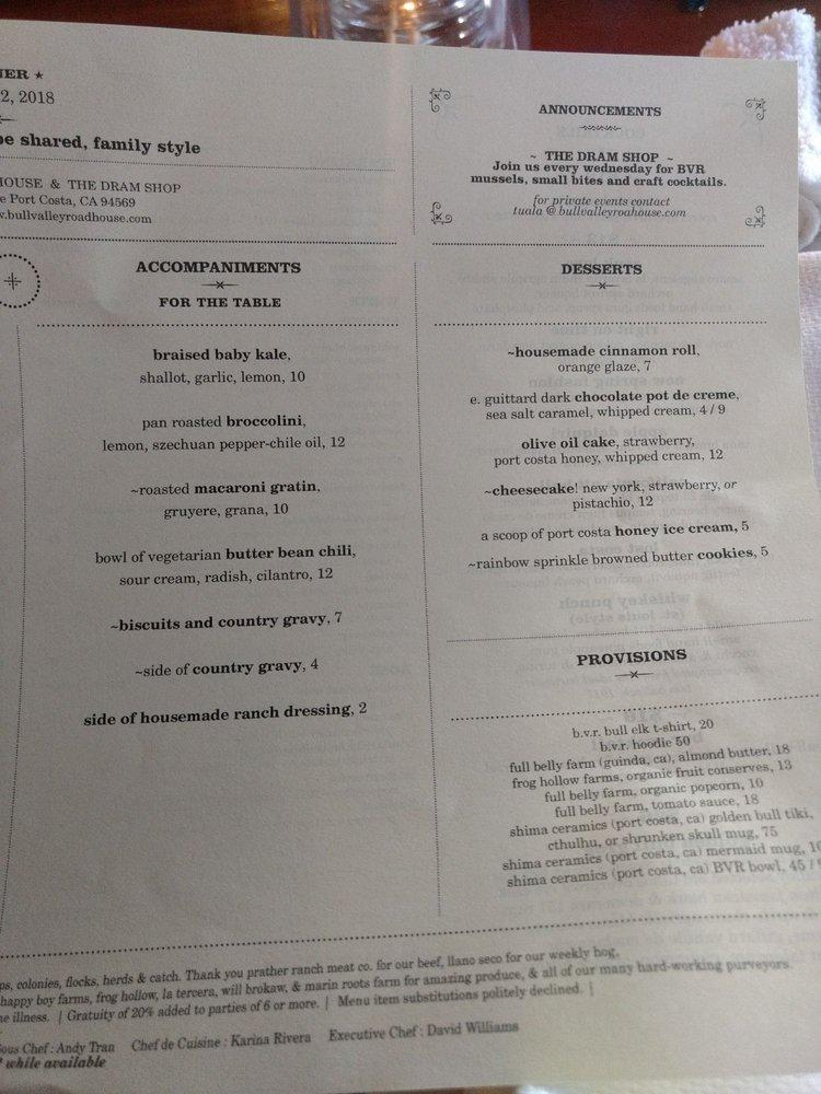 Menu at Bull Valley Roadhouse pub & bar, Port Costa