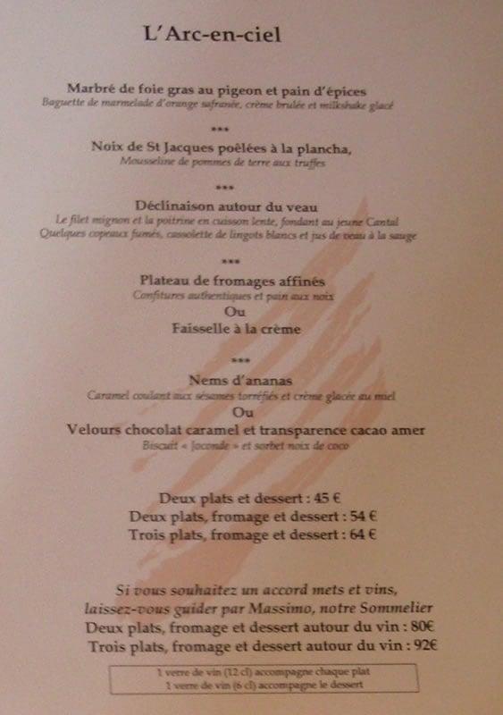 Menu at L'Arc en Ciel pub & bar, Lyon, Hôtel Radisson Blu 129 rue Servient