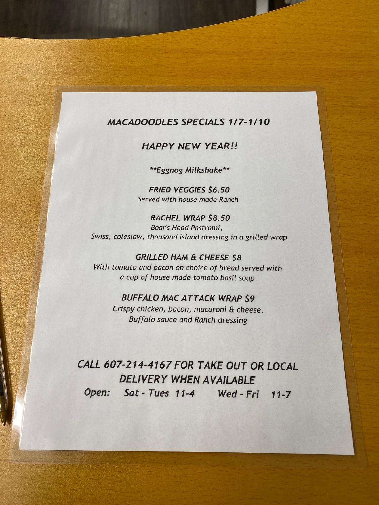 Menu at Mac-A-Doodles restaurant, Stamford, 33 Harper St