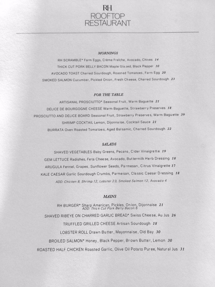 Menu at RH Rooftop Restaurant Minneapolis, Edina