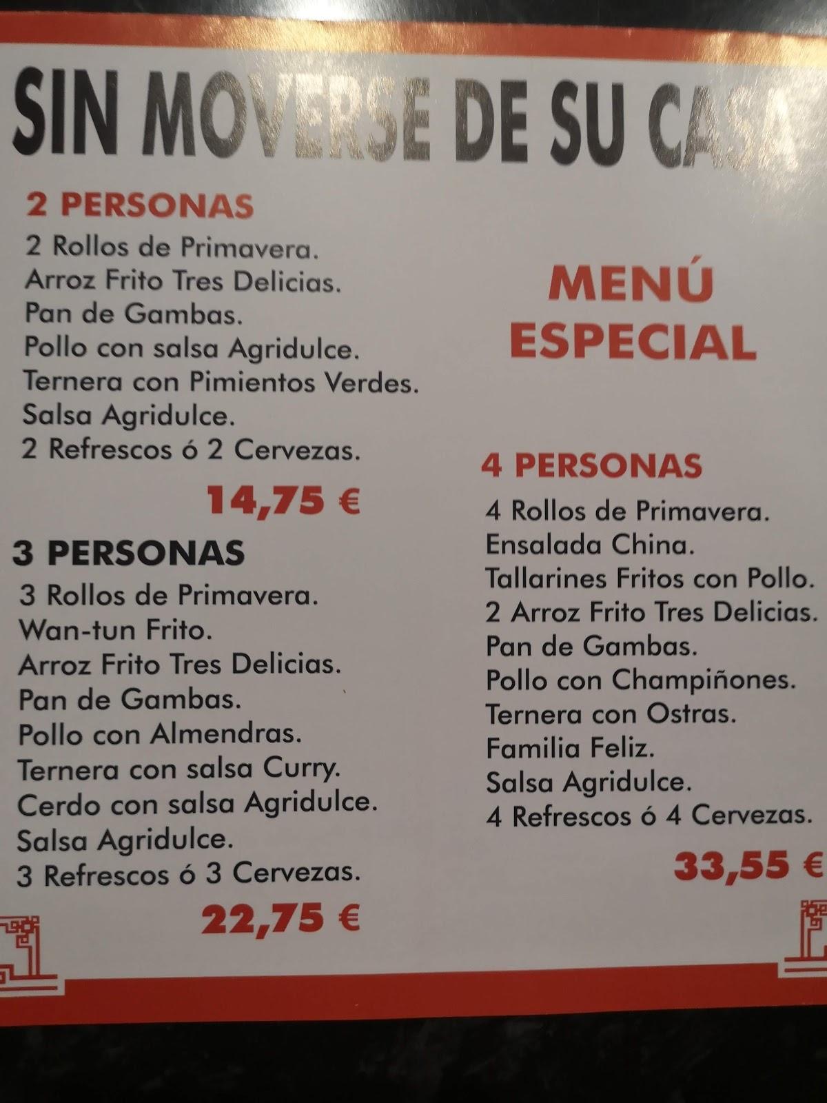 Carta de Restaurante Chino Wang Xing, Cruce de Arinaga