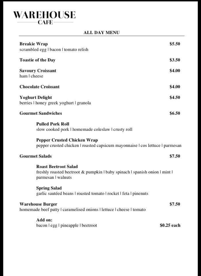 Menu at The Take 2 Cafe, Gold Coast