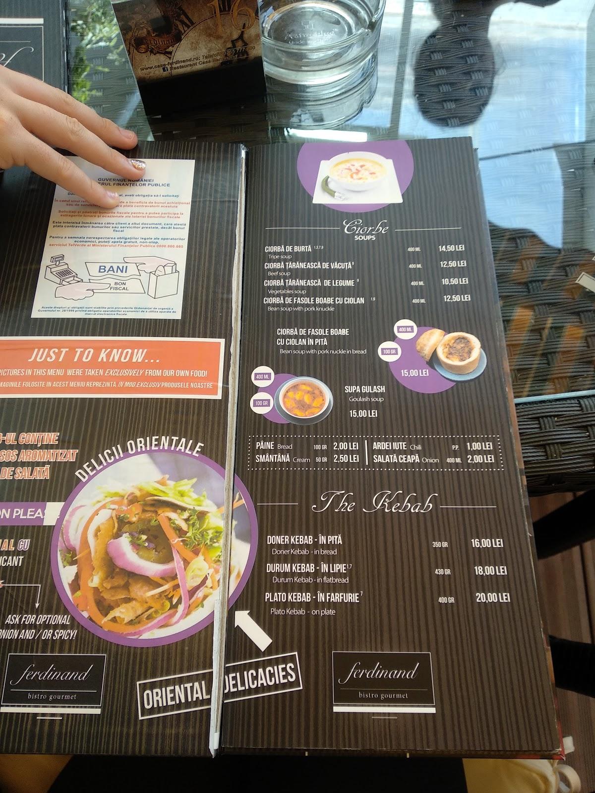 Menu at Ferdinand Bistro Gourmet, Sighișoara