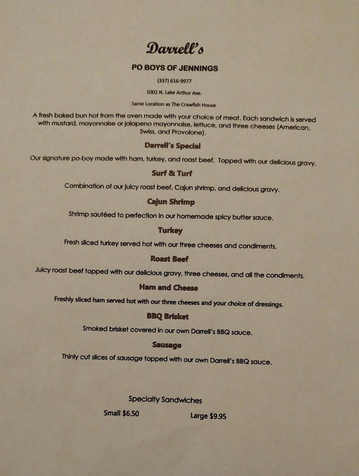 Menu at Darrell's of Jennings restaurant, Jennings