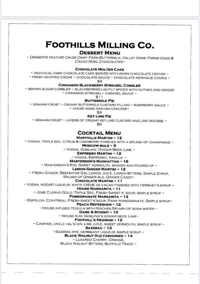Menu at Foothills Milling Co restaurant, Maryville