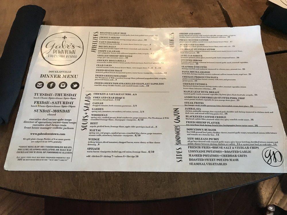 Menu at Gabe's Downtown pizzeria, Douglasville