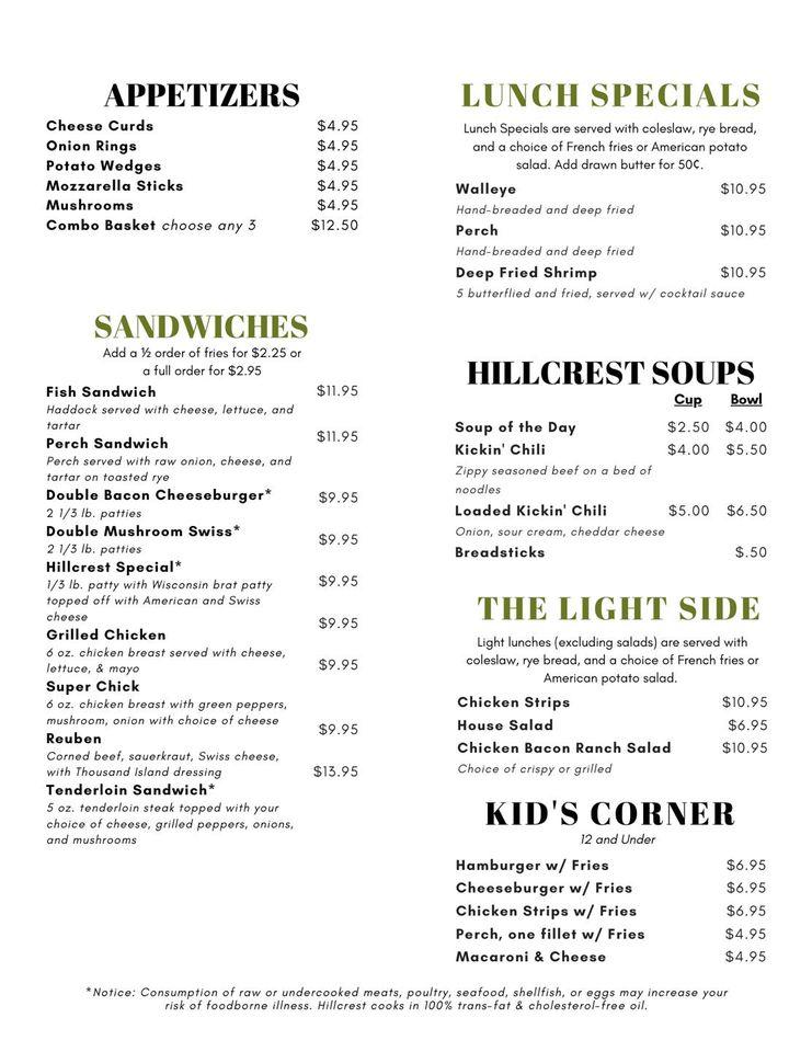 Menu at Hillcrest Lodge Supper Club, USA, Nicolet Rd