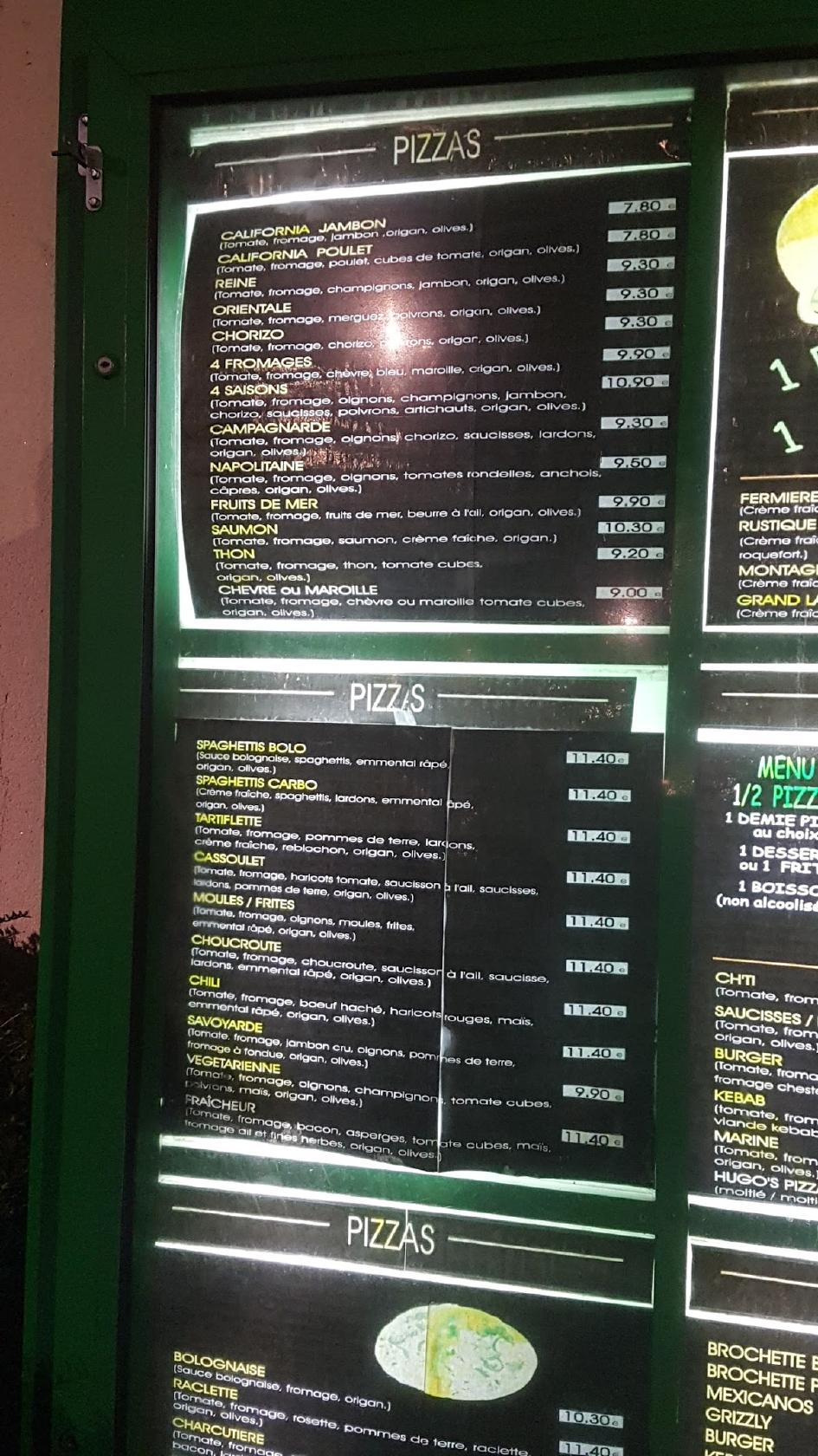 Menu au Hugo Pizza pizzeria, Somain