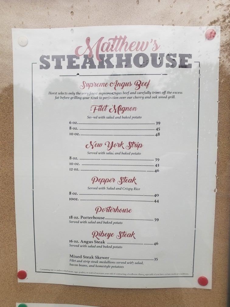 Menu at Matthew's Steakhouse, Winter Garden