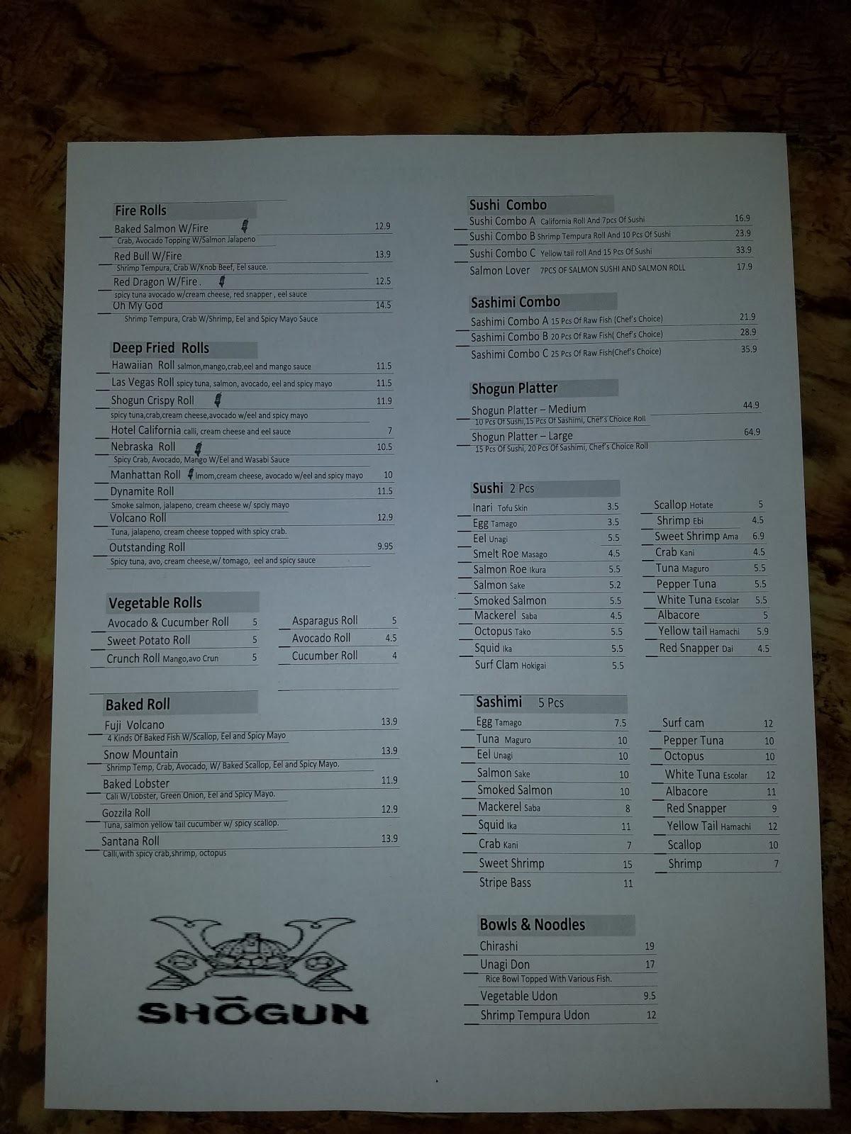 Menu at Shogun Japanese Steakhouse, Lincoln, S 9th St F