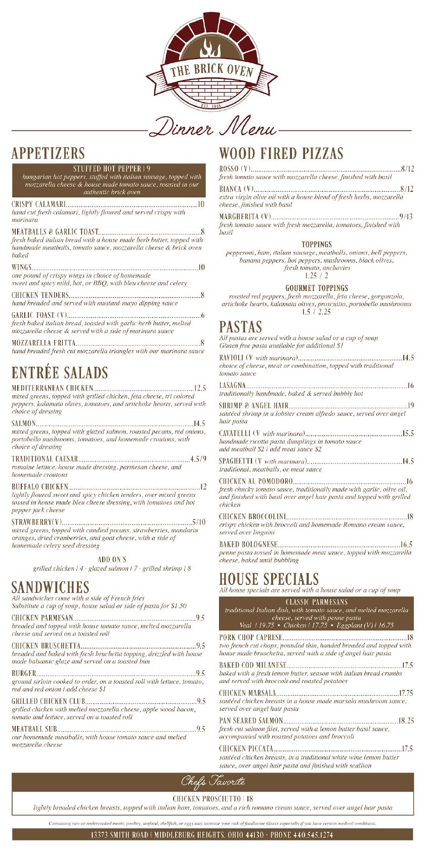 Menu at The Brick Oven pizzeria, Middleburg Heights