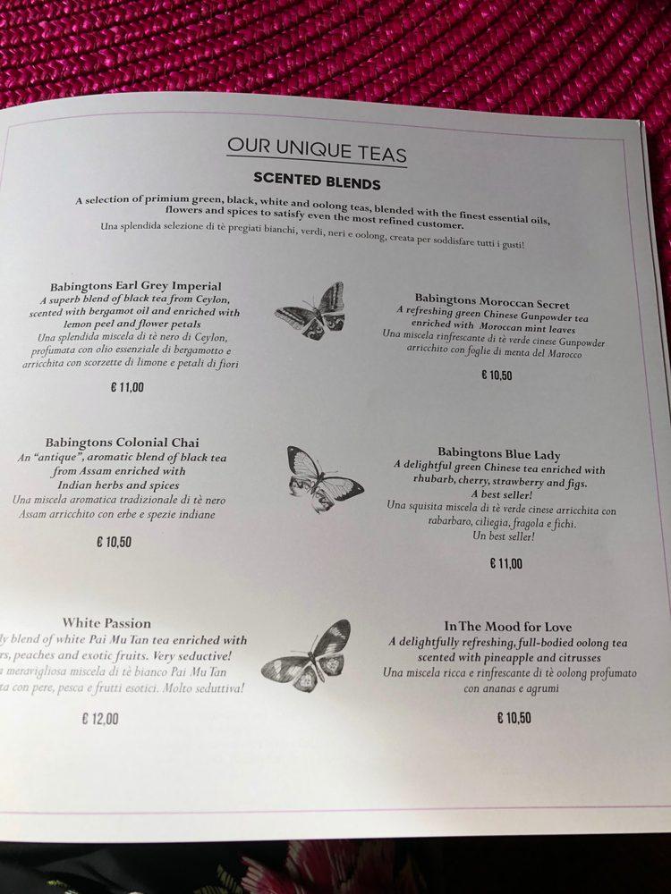 Menu at Babington's tea room cafe, Rome