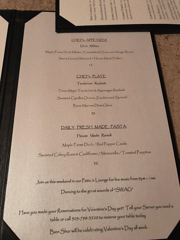 Menu at Bien Shur restaurant, Albuquerque