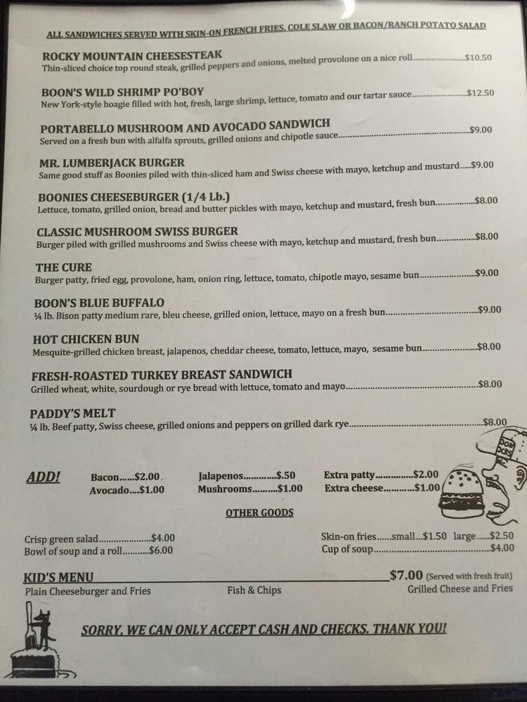 Carta de Boondocks Restaurant, Island Park