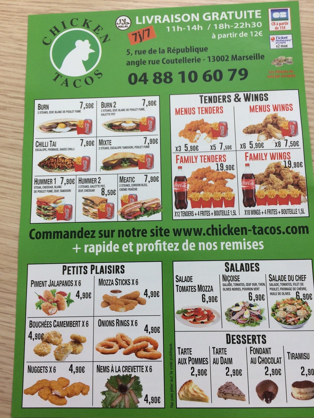 Menu at Chicken Tacos Restaurant, Marseille