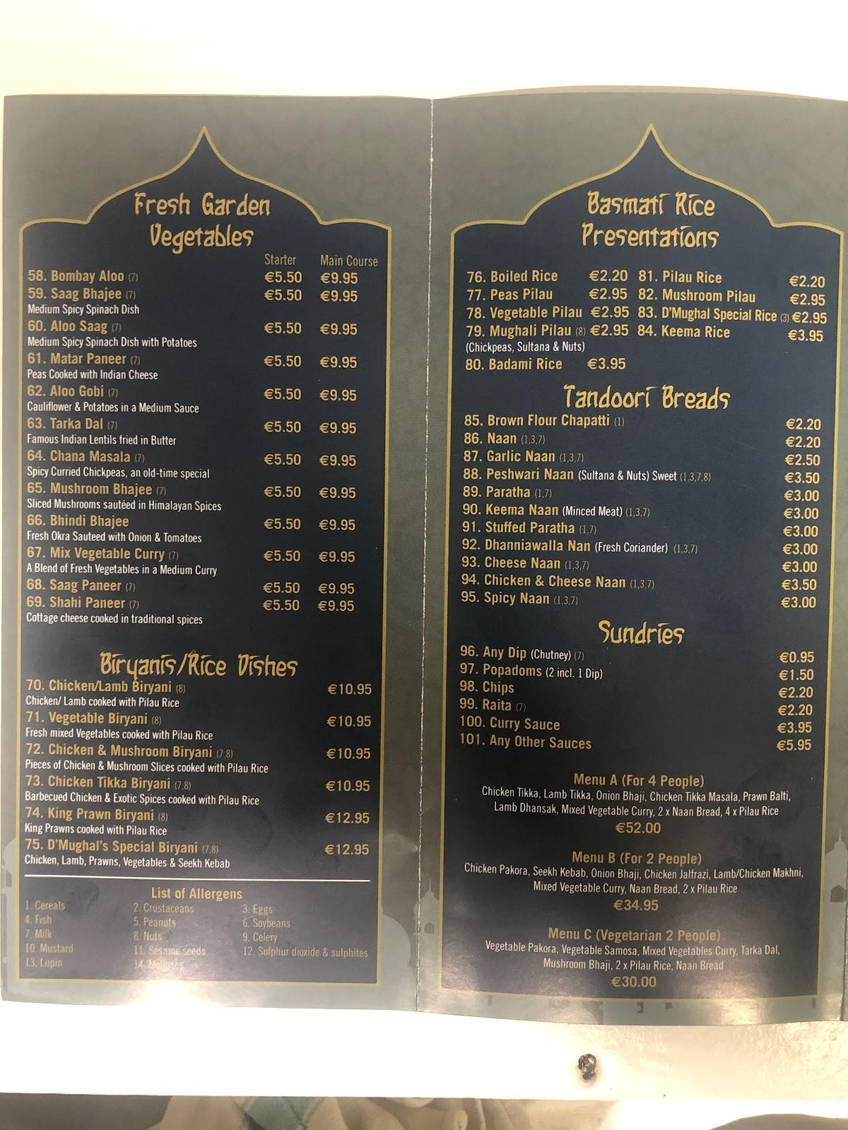 Menu at D’Mughals restaurant, Mallow