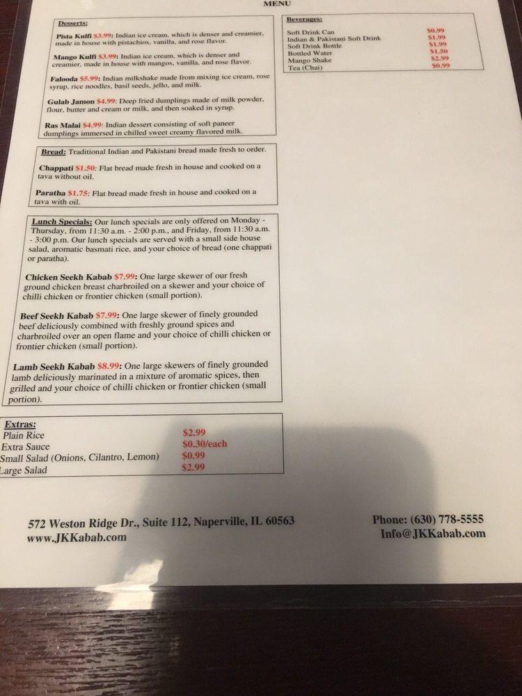 Menu at JK Kabab restaurant, Naperville
