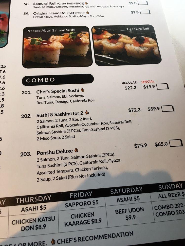 Menu at Ponshu restaurant, Calgary